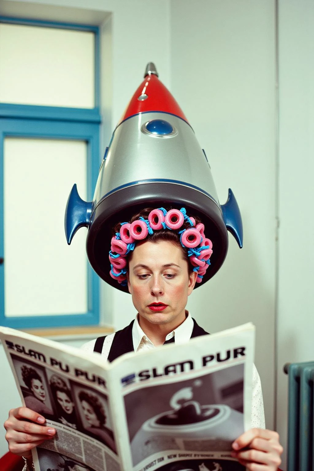 There is a woman reading a newspaper with a space ship on her head ...