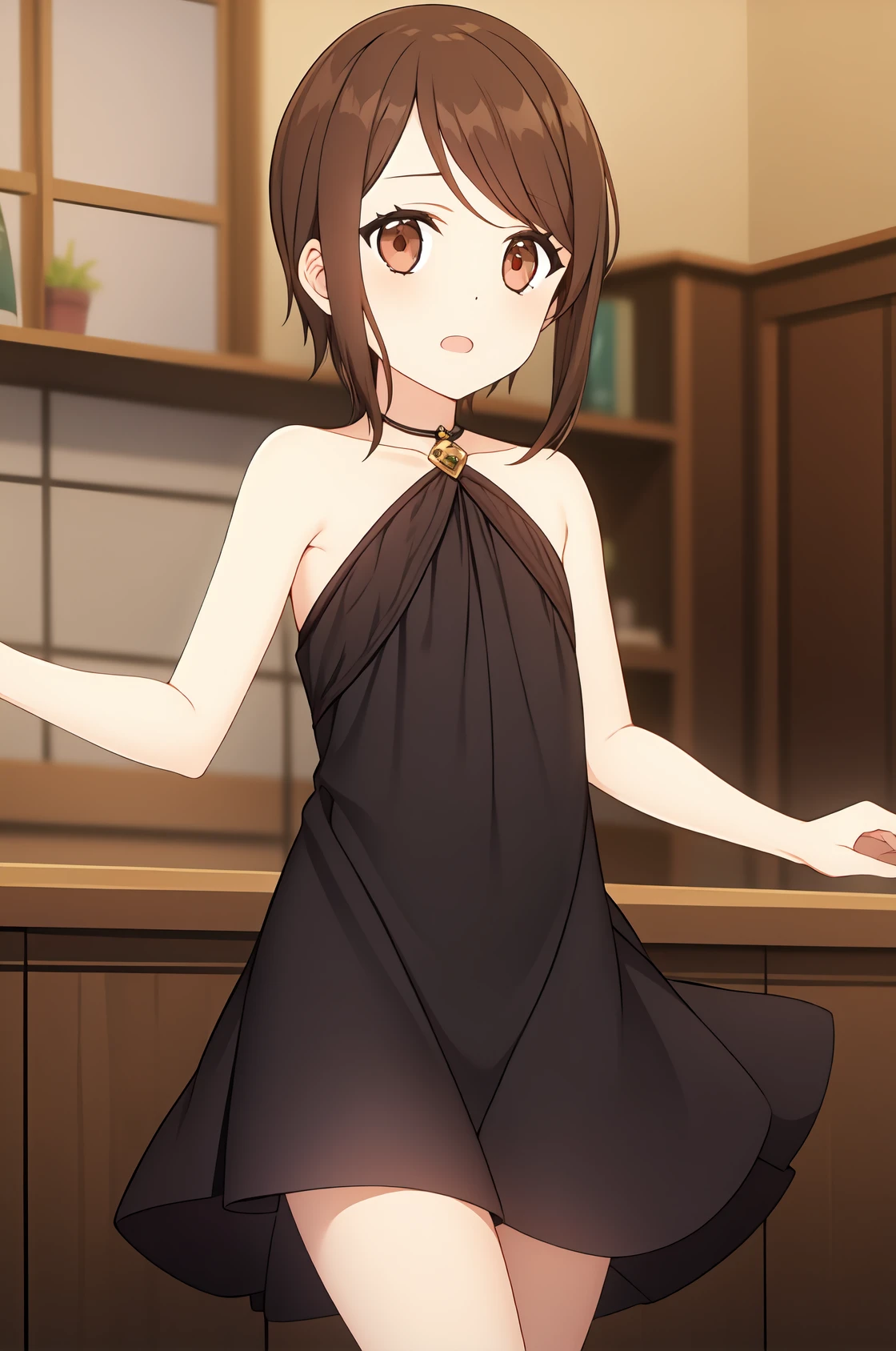 Saki Watanabe, short hair, swept bangs, sidelocks, dress, black dress - SeaArt AI