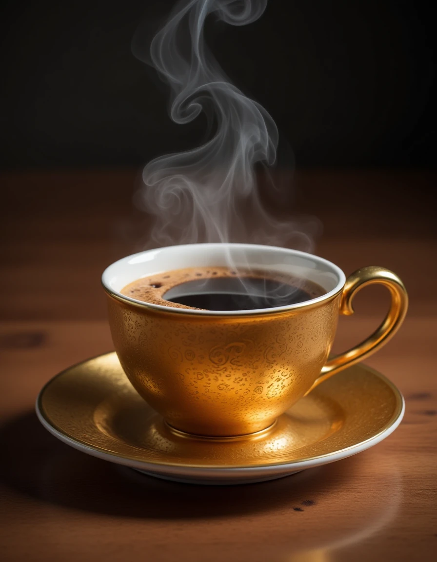 a gold coffee cup, full of hot coffee - SeaArt AI