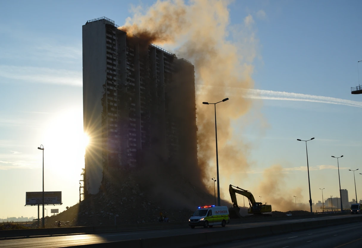 Demolition of high-rise building, partially collapsed structure - SeaArt AI