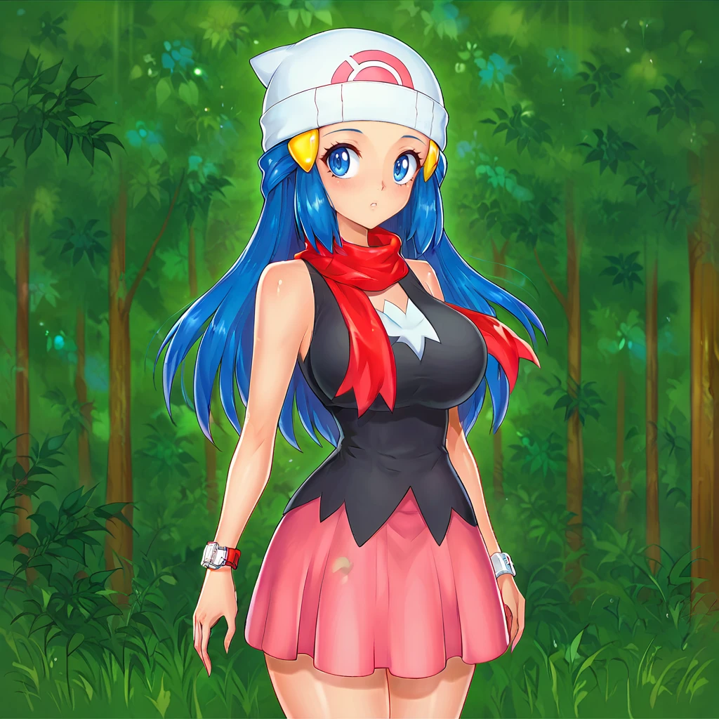 Anime girl in a pink dress and a white hat in a forest（dawn (pokemon ...