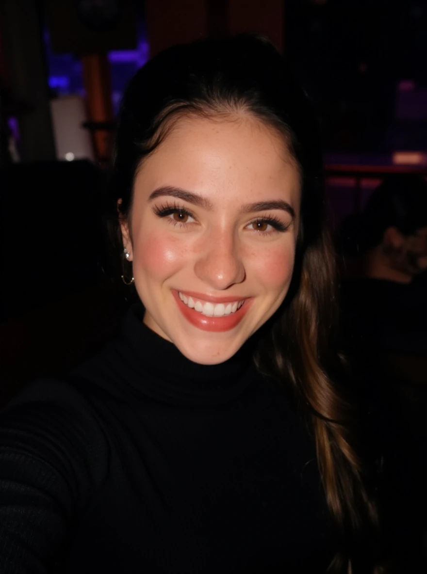 Portrait photo of pr14rp1n1 woman, black turtleneck blouse, in a night ...