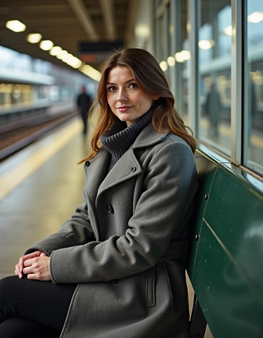 Photo, woman, cohan, Sitting on a bench at a train station wearing a ...