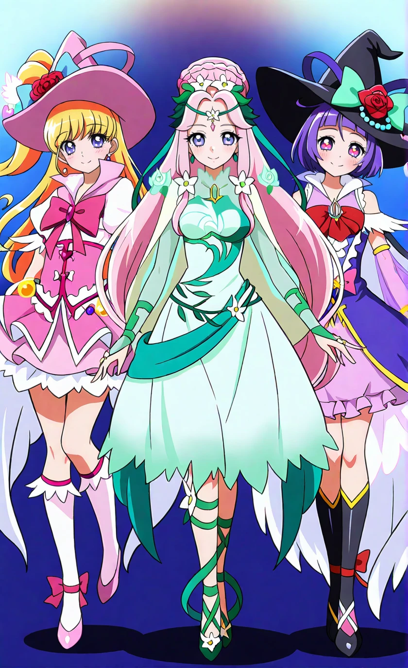 Three anime girls in dresses and hats are standing together - SeaArt AI