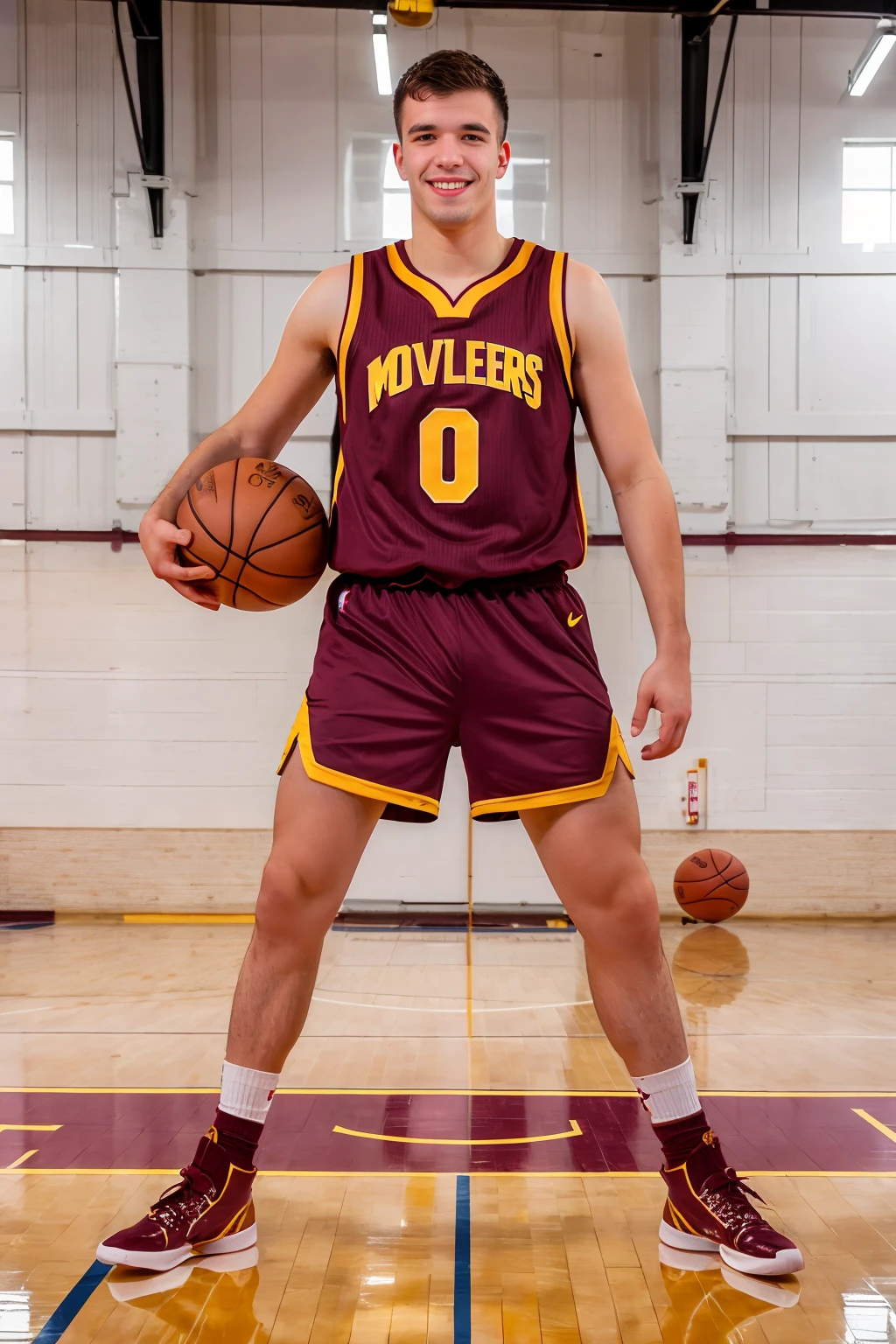 Basketball gym, high ceiling, basketball hoop, smileing, MaverickSun is ...