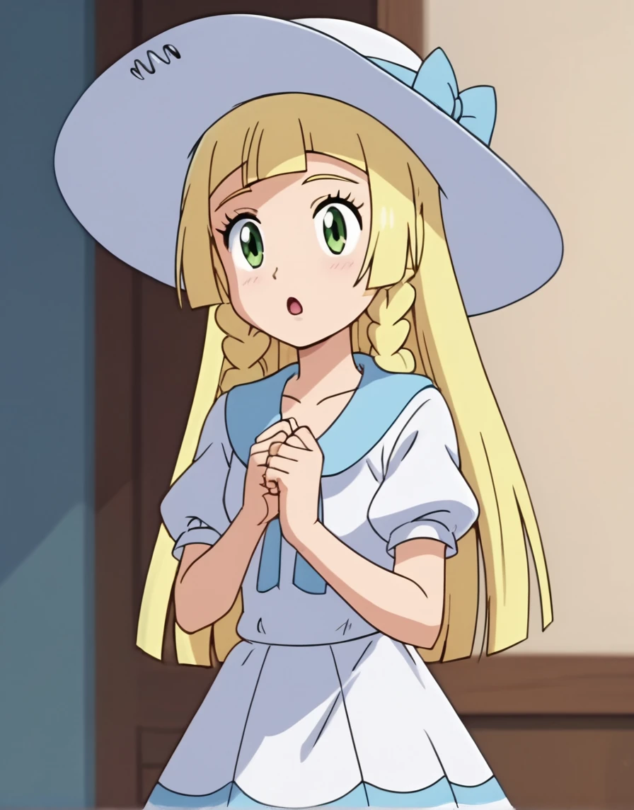 Anime girl in a blue hat and dress with a white dress（lillie (pokemon ...