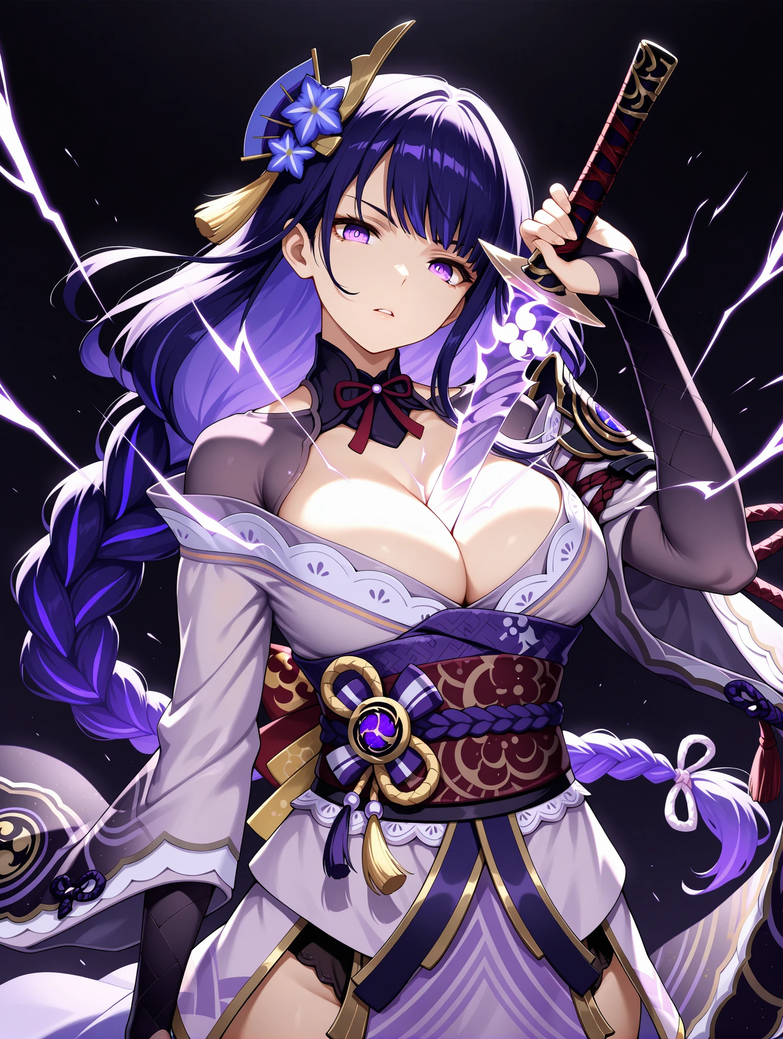 Cowboy shot, 1girl, raiden shogun, holding sword,between breasts - SeaArt AI