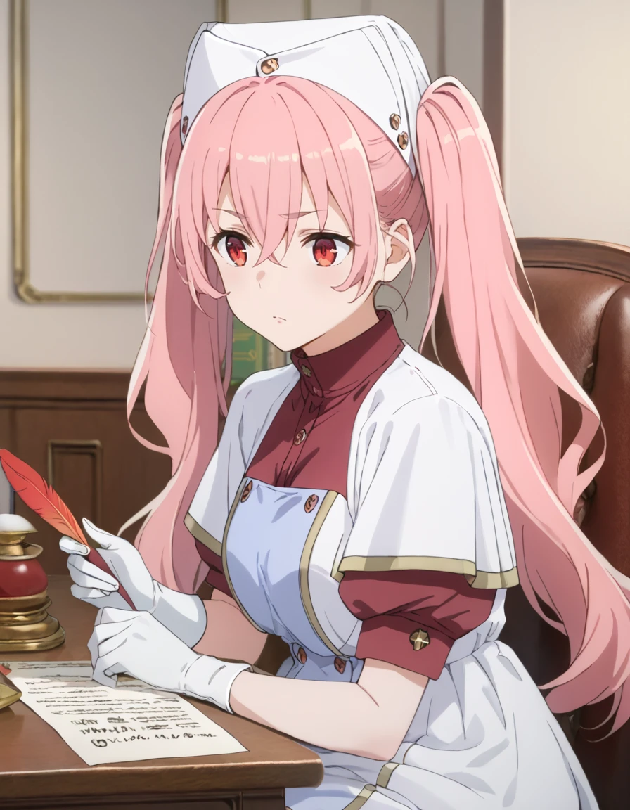 Anime character with pink hair and white dress sitting at a desk ...