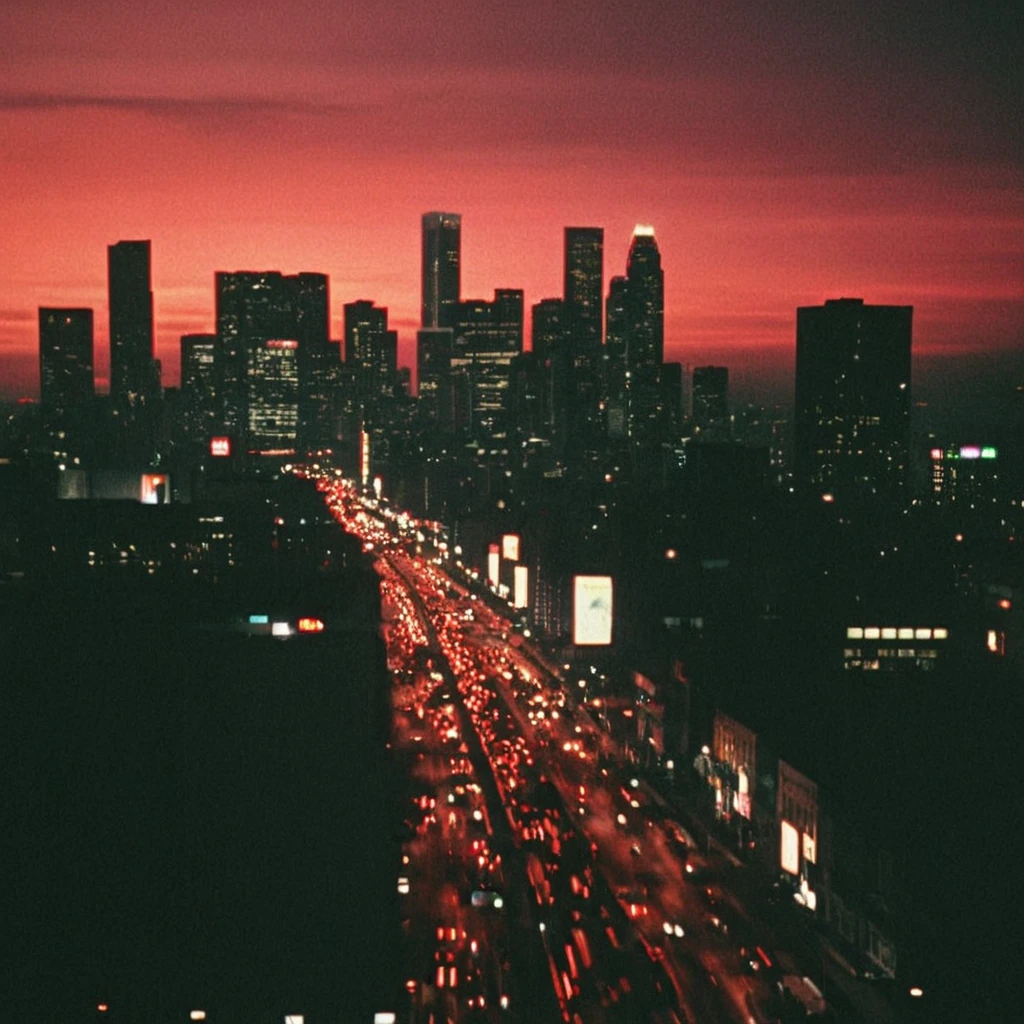 a city skyline with a lot of traffic at night - SeaArt AI