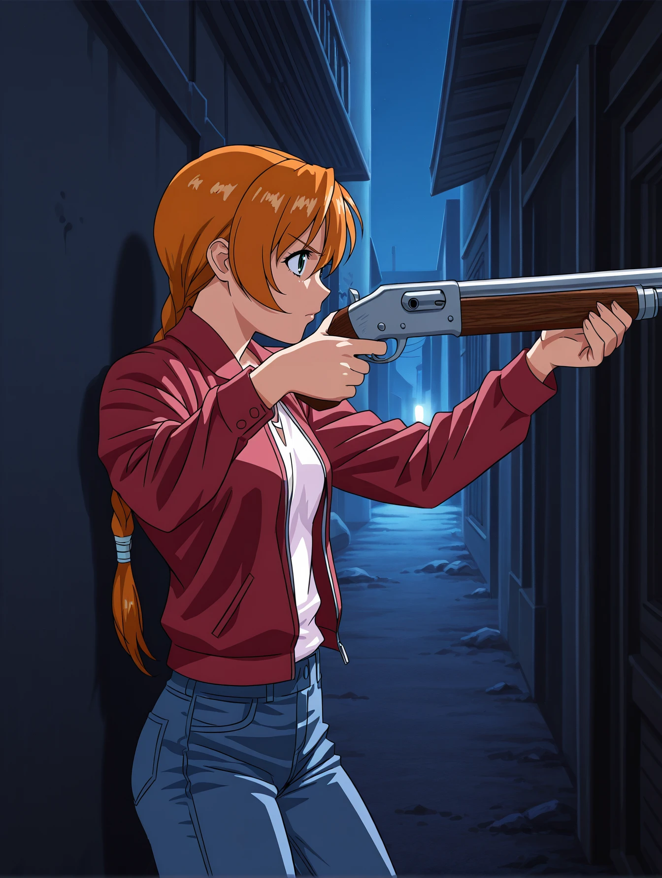 Anime girl with a gun in a narrow alleyway - SeaArt AI