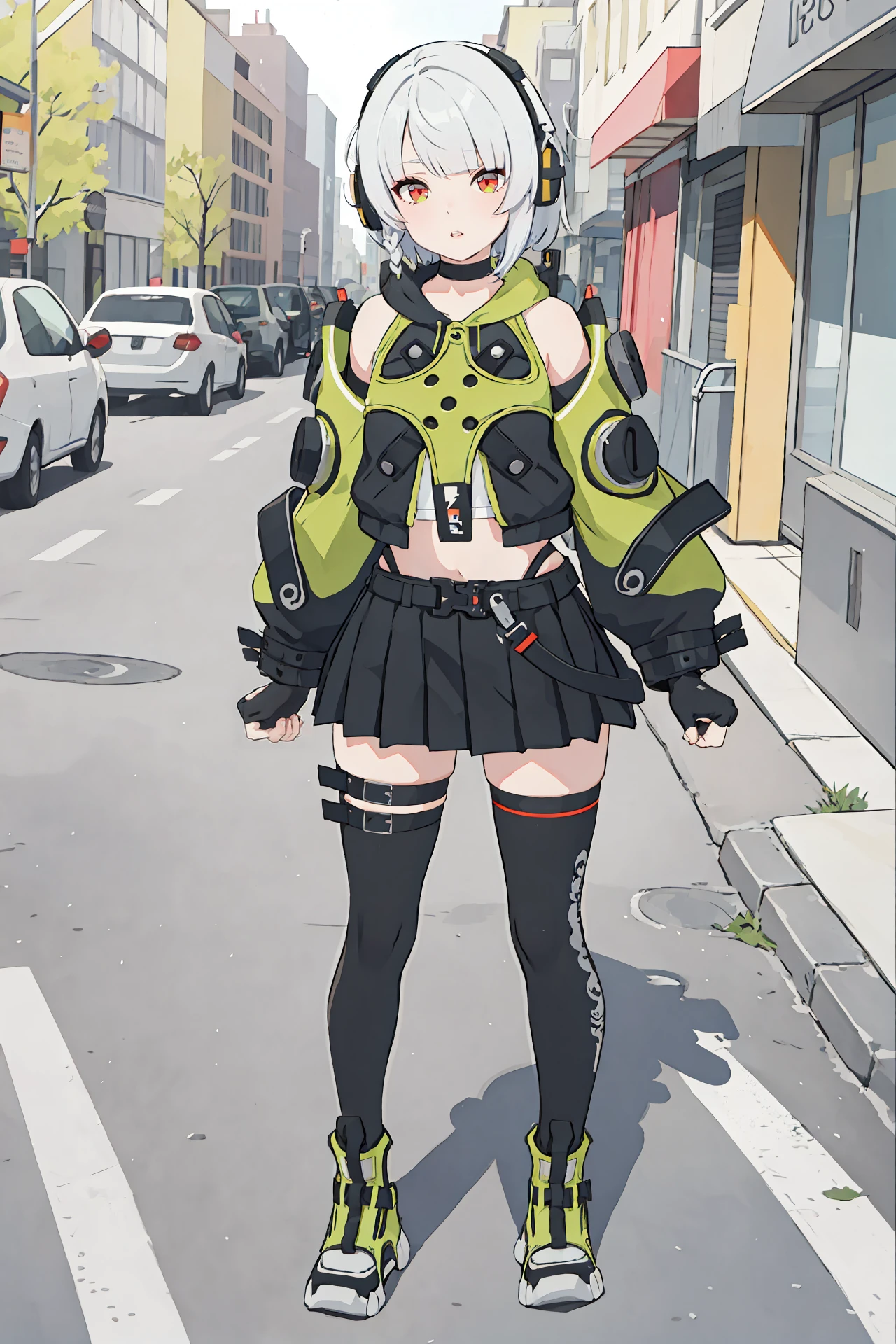 1girl, anby demara, solo, black thighhighs, black pleated skirt - SeaArt AI