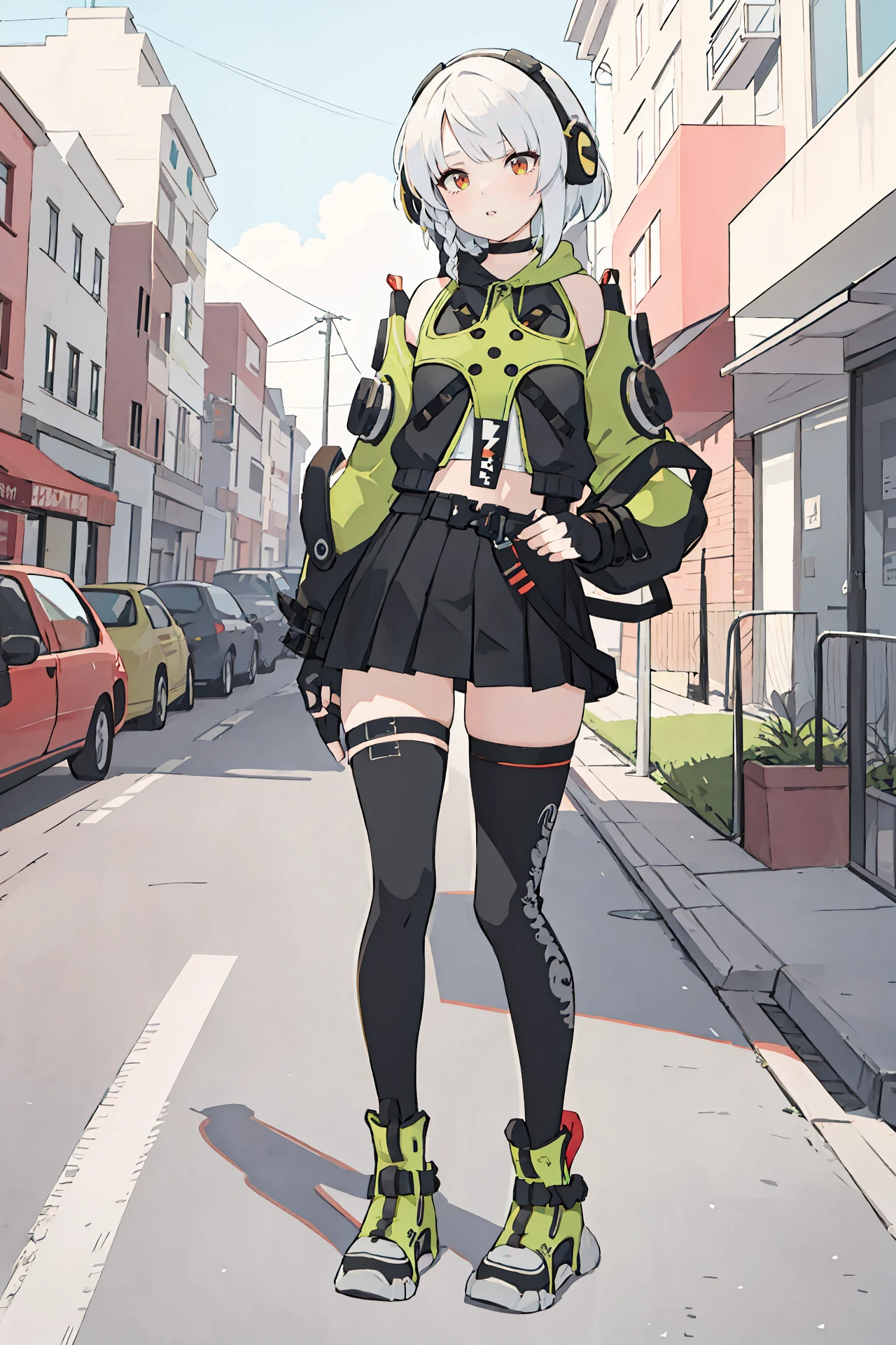 1girl, anby demara, solo, black thighhighs, black pleated skirt - SeaArt AI