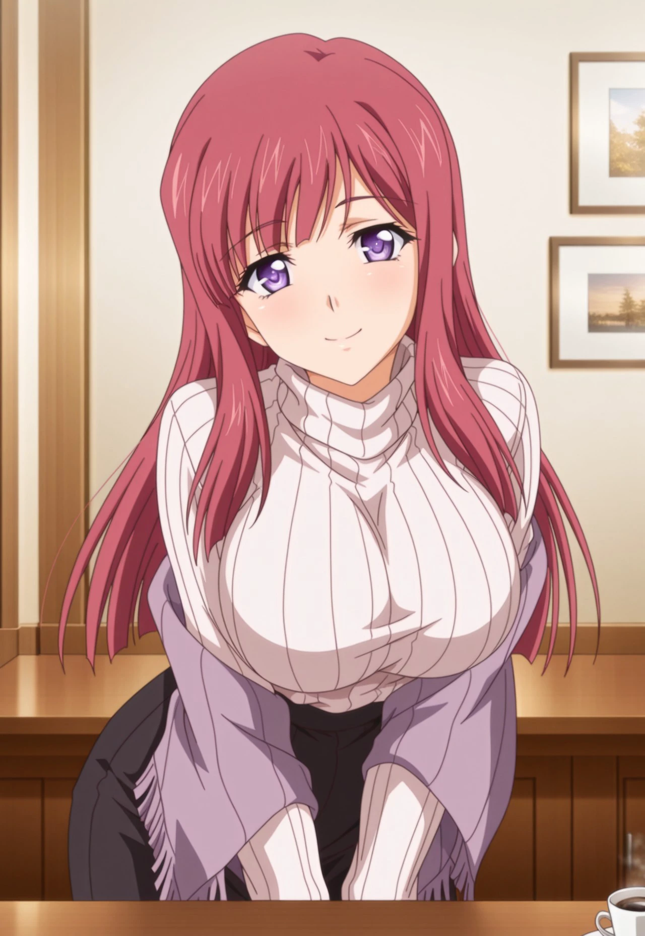 Anime girl with pink hair sitting at a desk with a cup of coffee ...