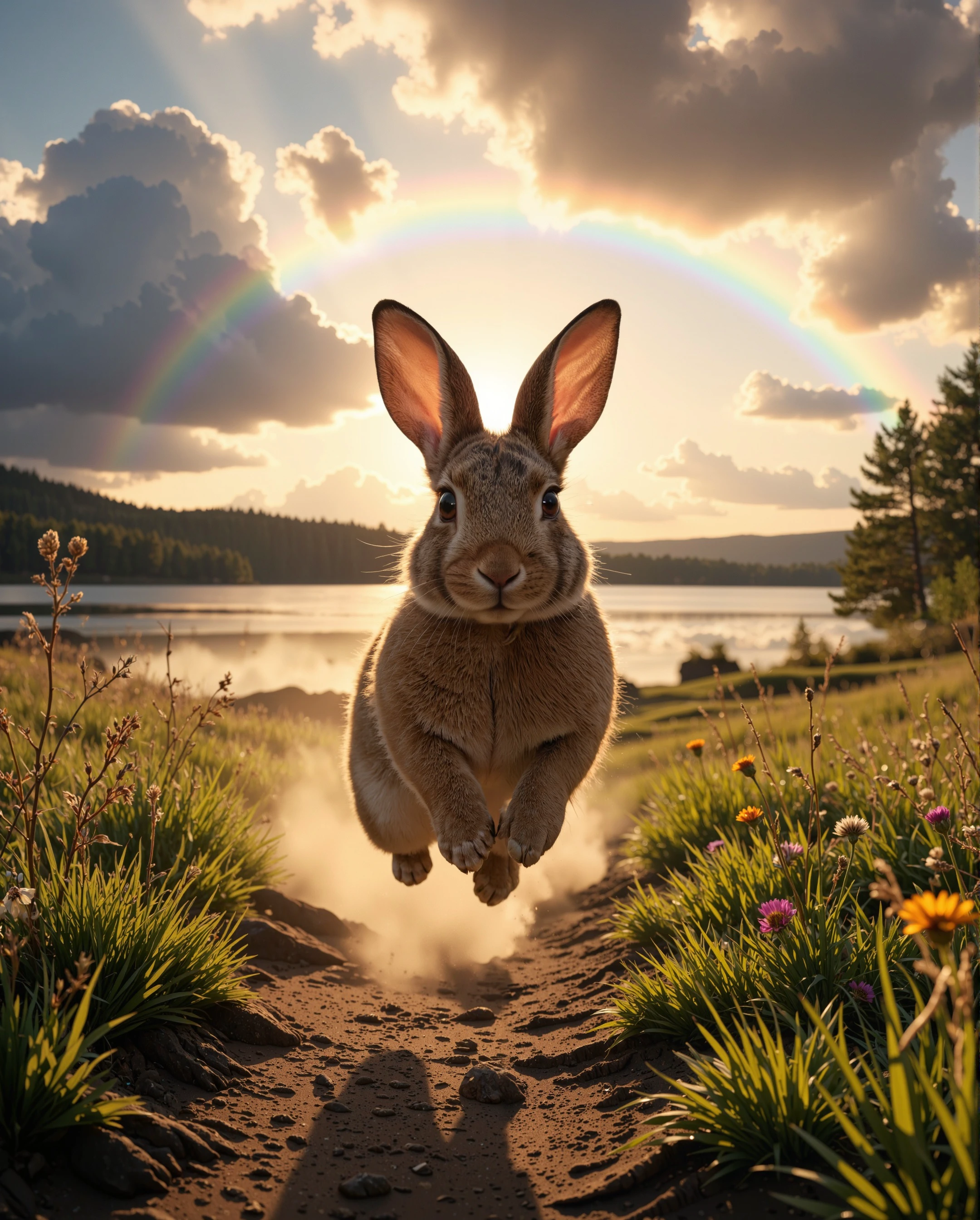 The foreground is dominated by a vibrant, lively rabbit mid-hop - SeaArt AI