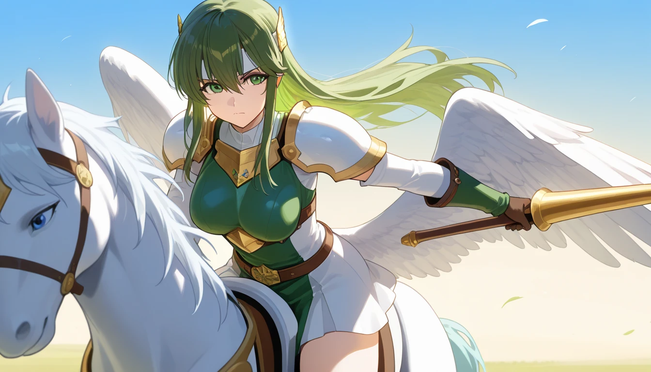 fe_palla, yellow green hair, riding a pegasus - SeaArt AI