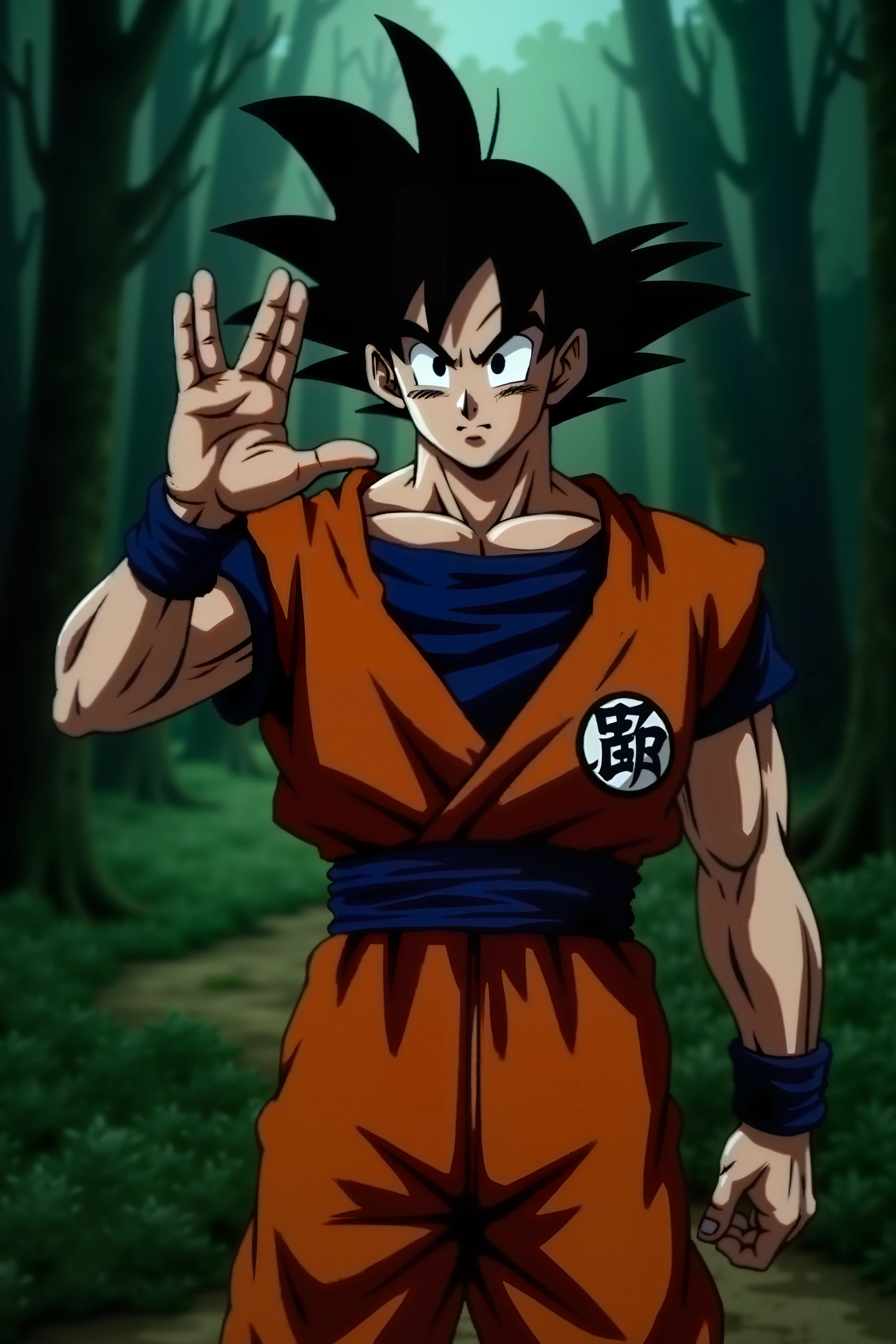 Anime goku from dragonball standing in the forest is giving a v - SeaArt AI