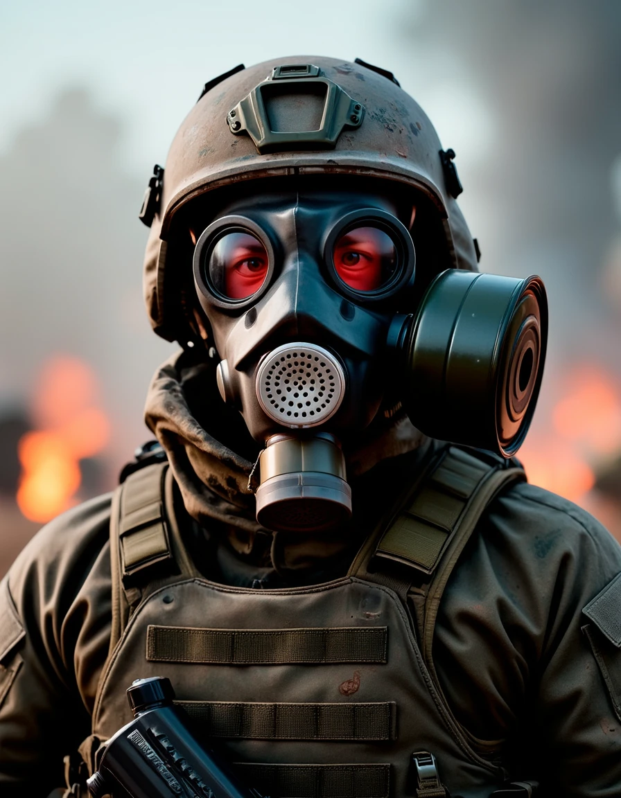 A highly detailed male soldier wearing a gas mask PMG with a ...