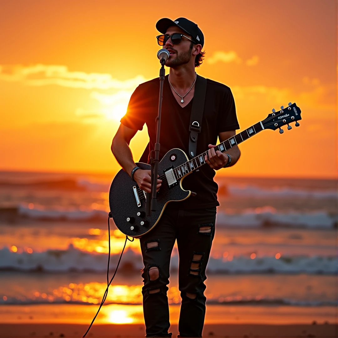A cinematic close-up of a ruggedly handsome musician standing on a ...