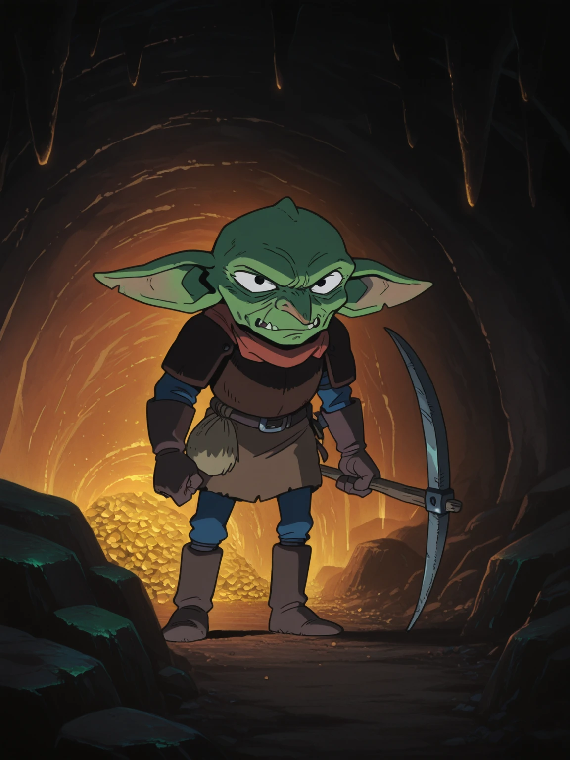 1boy, goblin, green skin, black eyes, brown, leather armor, solo ...
