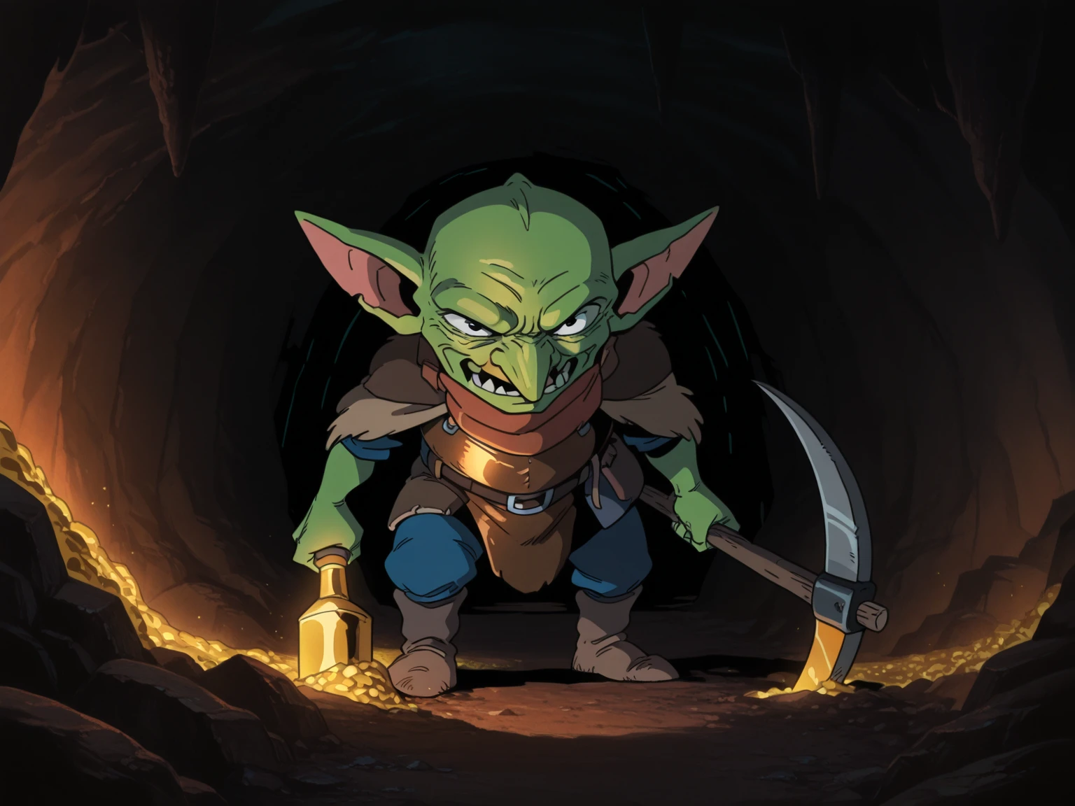 1boy, goblin, green skin, black eyes, brown, leather armor, solo ...