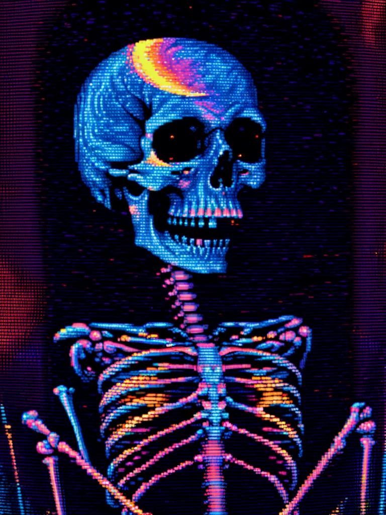 A close up of a skeleton with a glowing head and a glowing eye - SeaArt AI