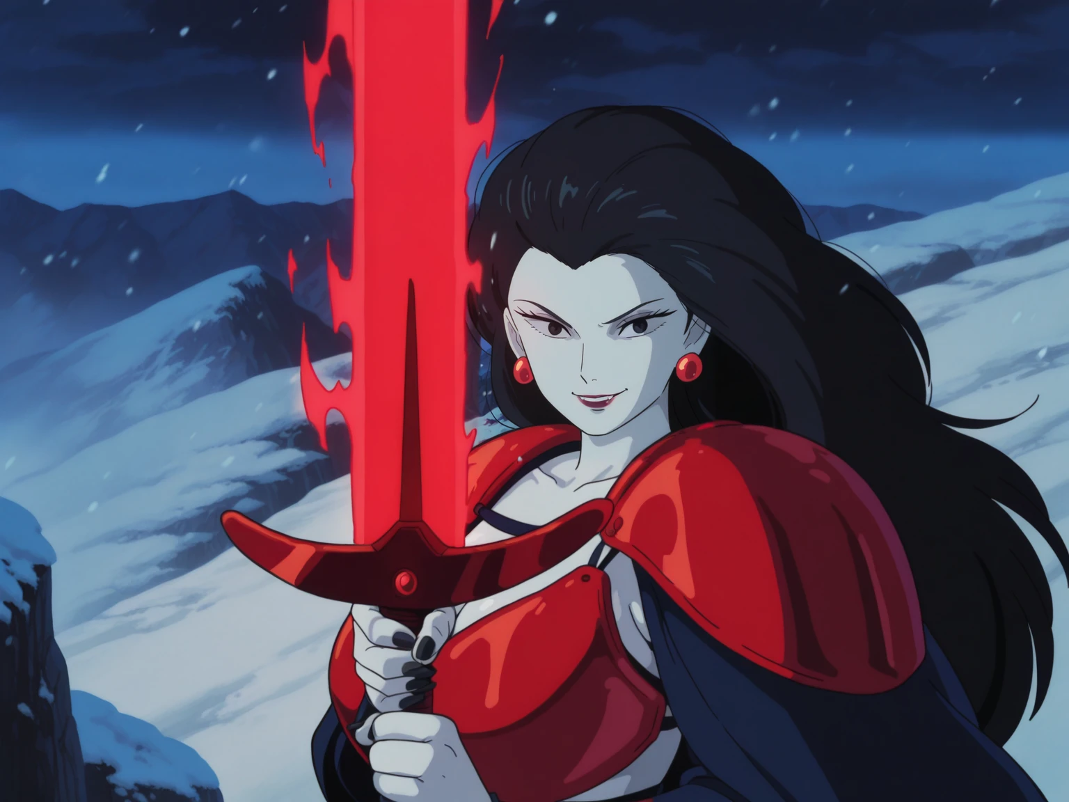 Mature female, vampire, white skin, [black eyes], curvy, black hair ...
