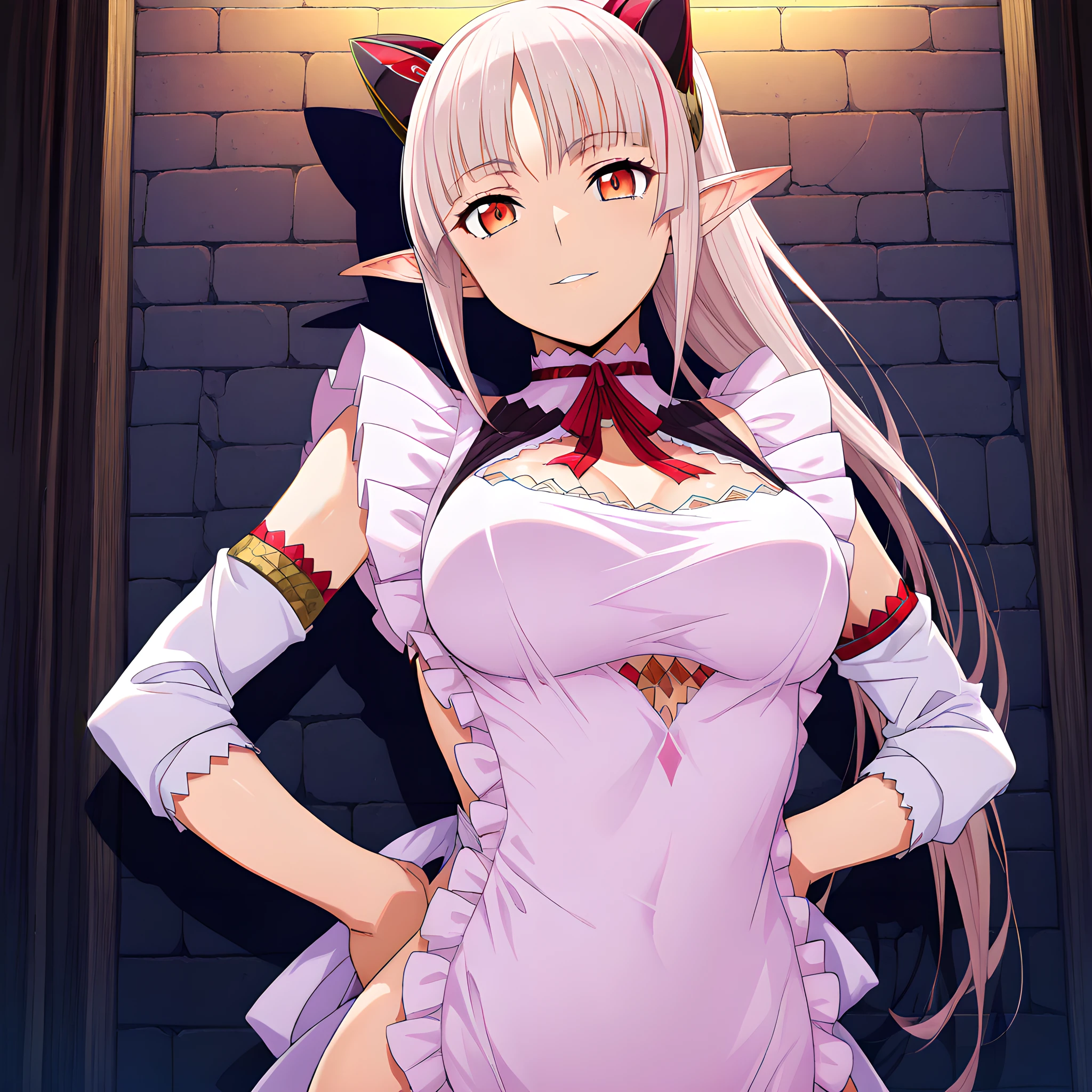 Aldra(qbr), 1girl, solo, thighhighs, pointy ears, red eyes, breasts - SeaArt AI