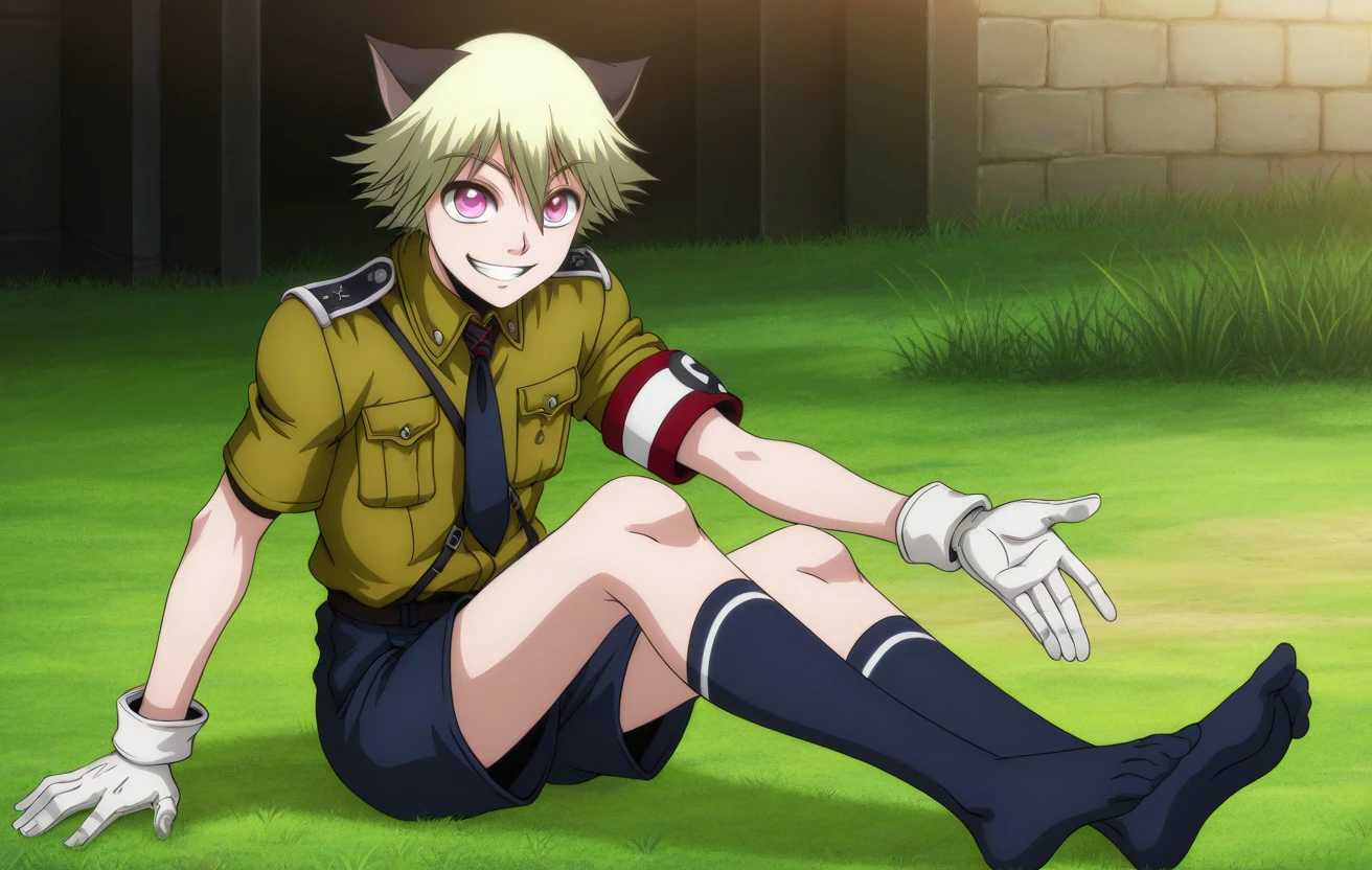 1boy, schro, short hair, pink eyes, blonde hair, cat ears, grin - SeaArt AI