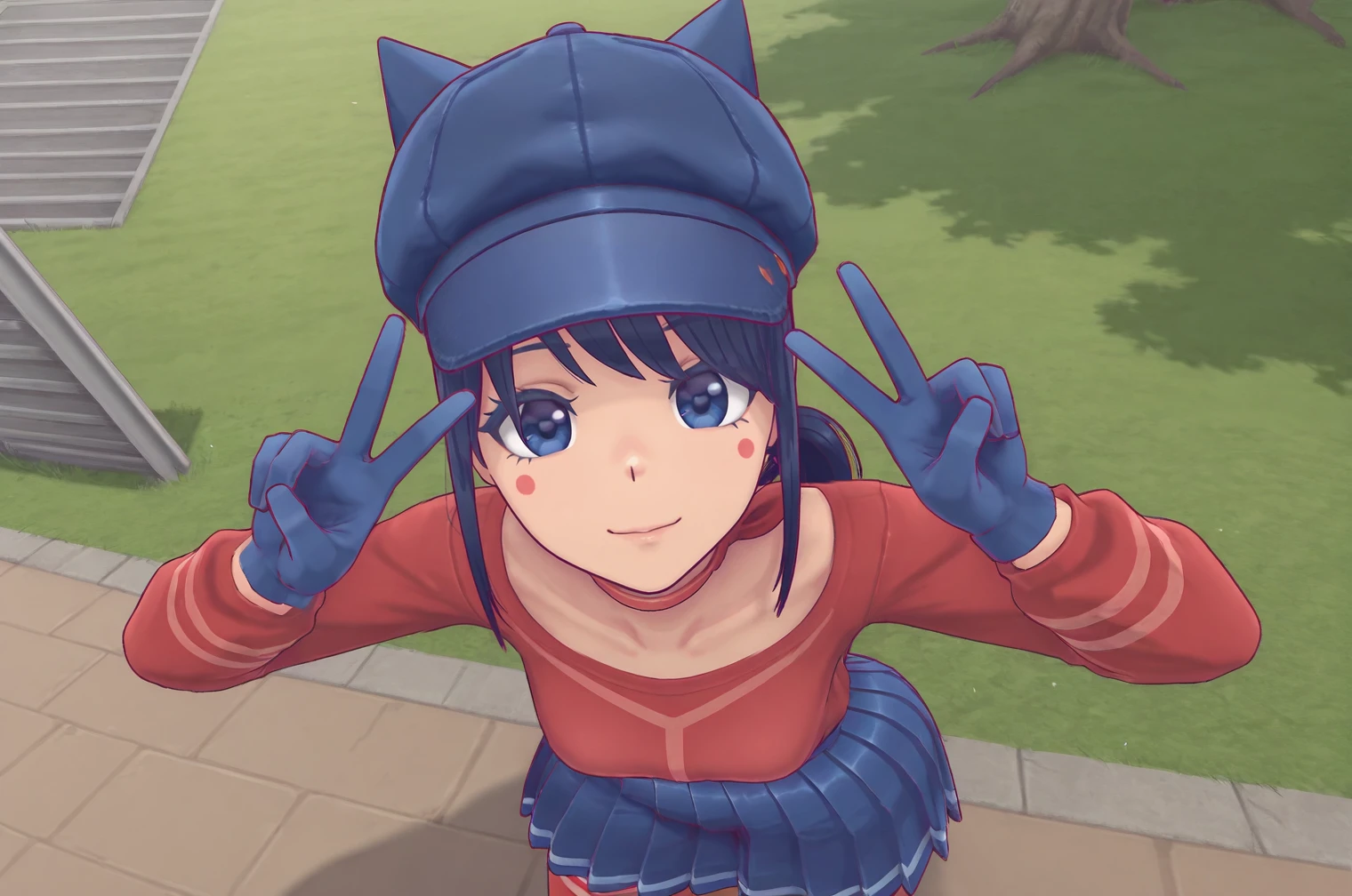 CoolMita, 1girl, blue hat, blue gloves, ponytail, cute pose, peace sign ...