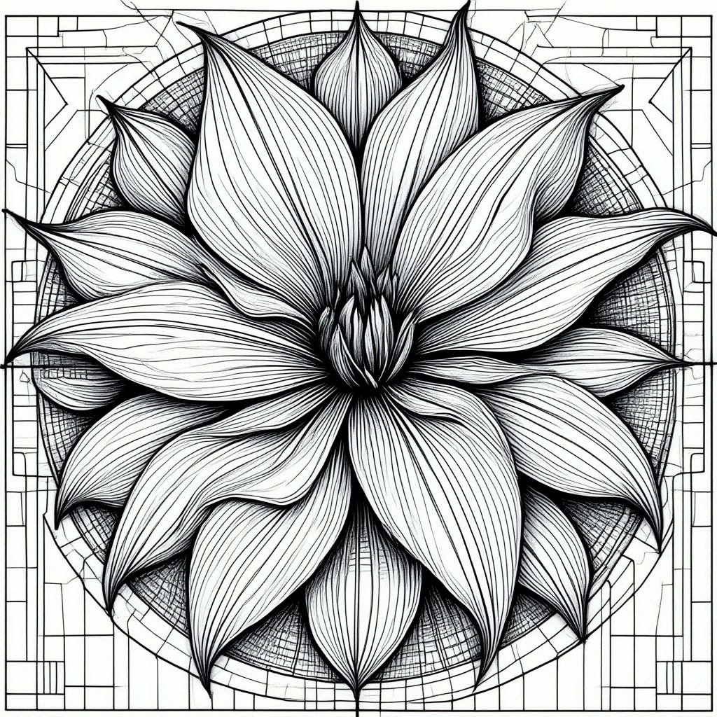 A black and white drawing of a flower in a circle - SeaArt AI