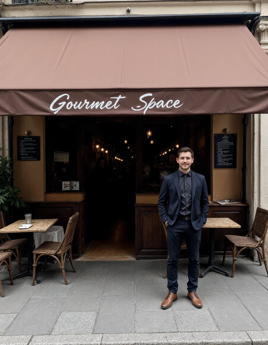 The image shows a person standing on a sidewalk in front of a cafe or ...