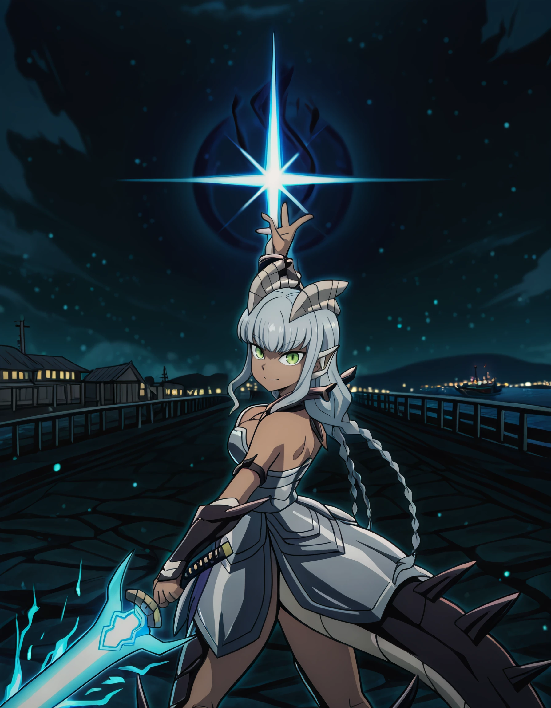 Anime girl with sword in hand standing on a pier at night - SeaArt AI