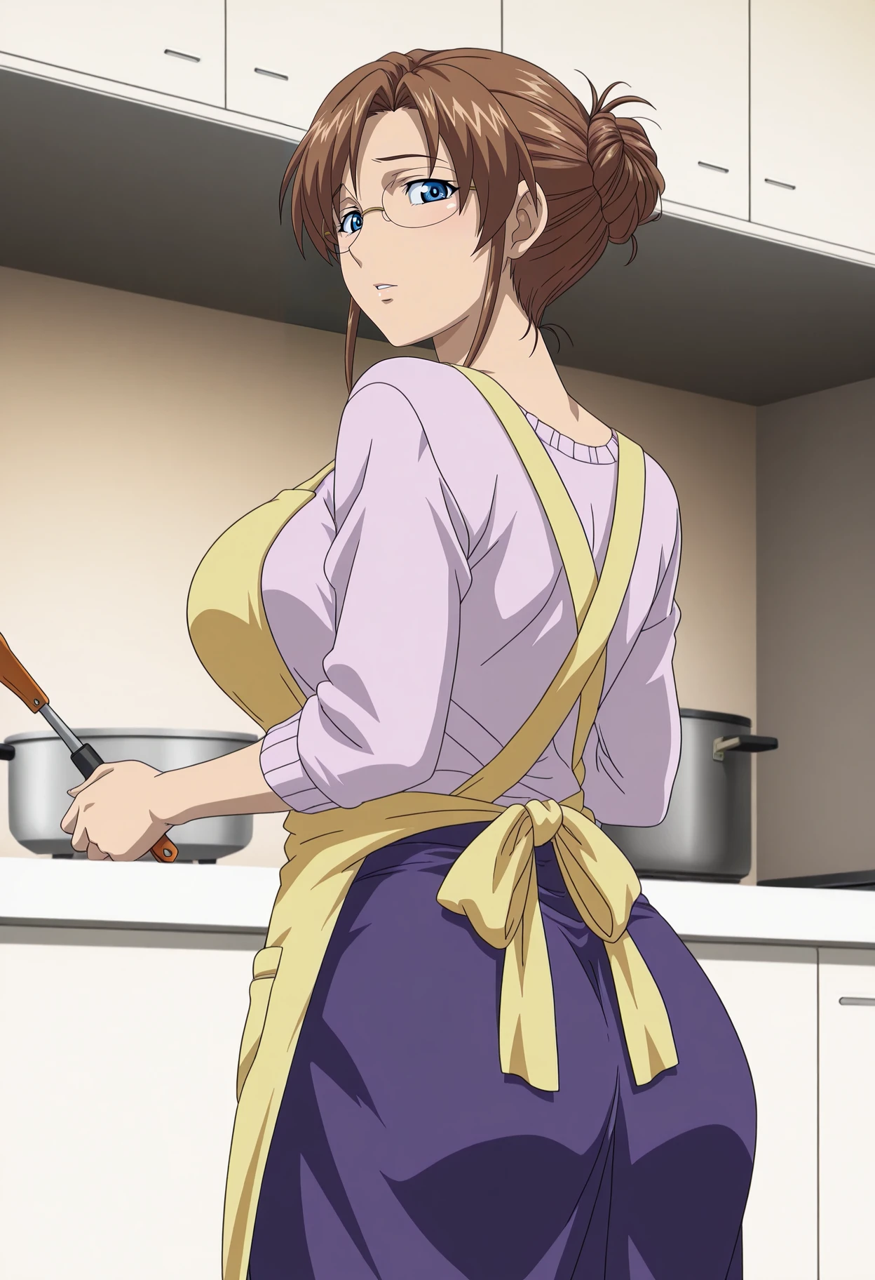Anime image of a woman in a kitchen with a pan and a knife - SeaArt AI