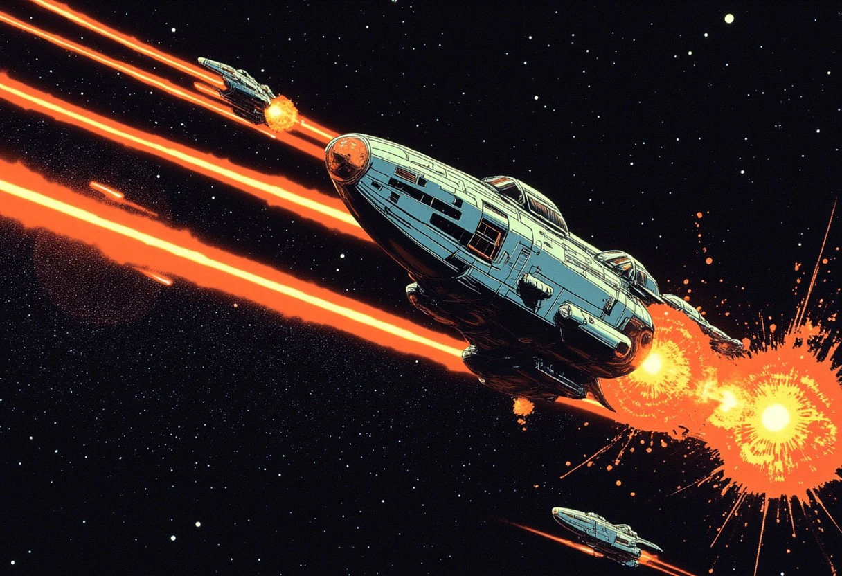 Illustration of two massive spaceships exchanging fire in outer space ...