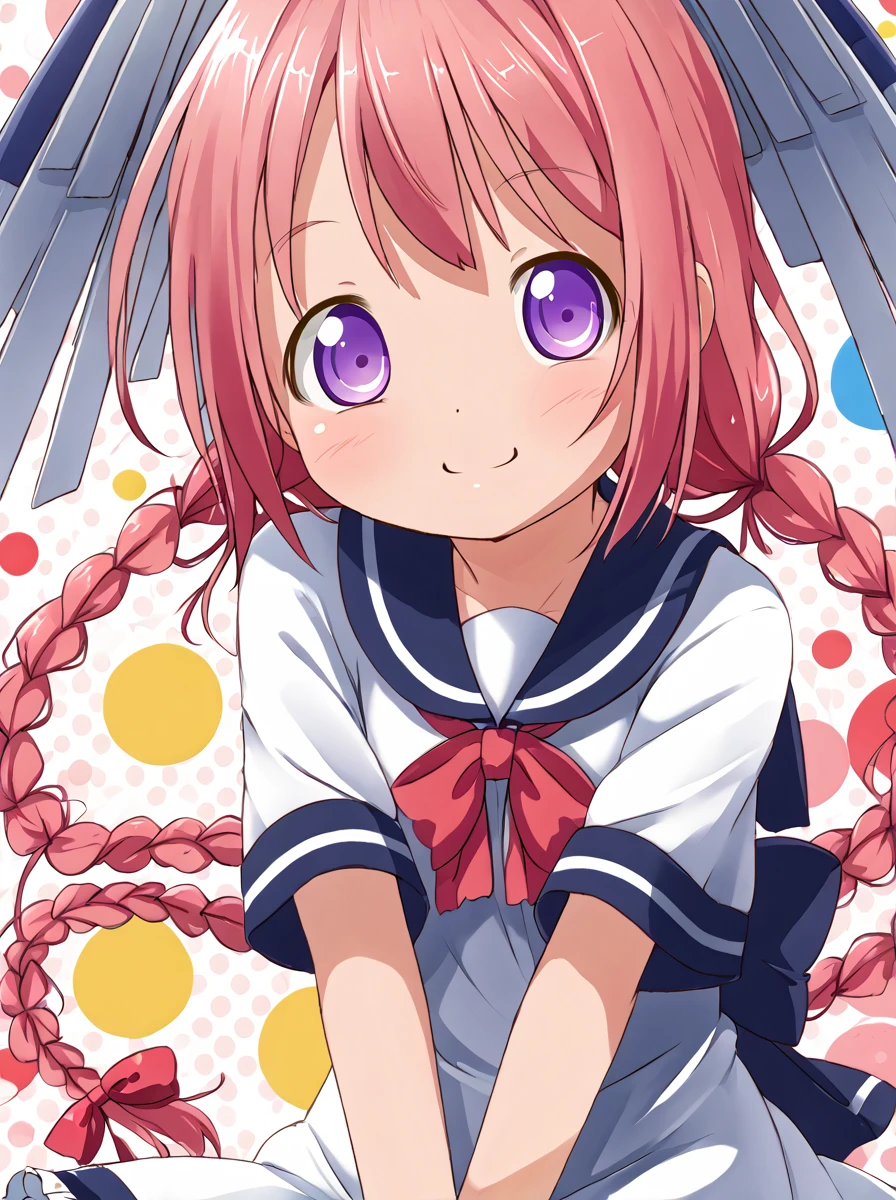 Anime girl with pink hair and blue eyes sitting on a polka dot ...