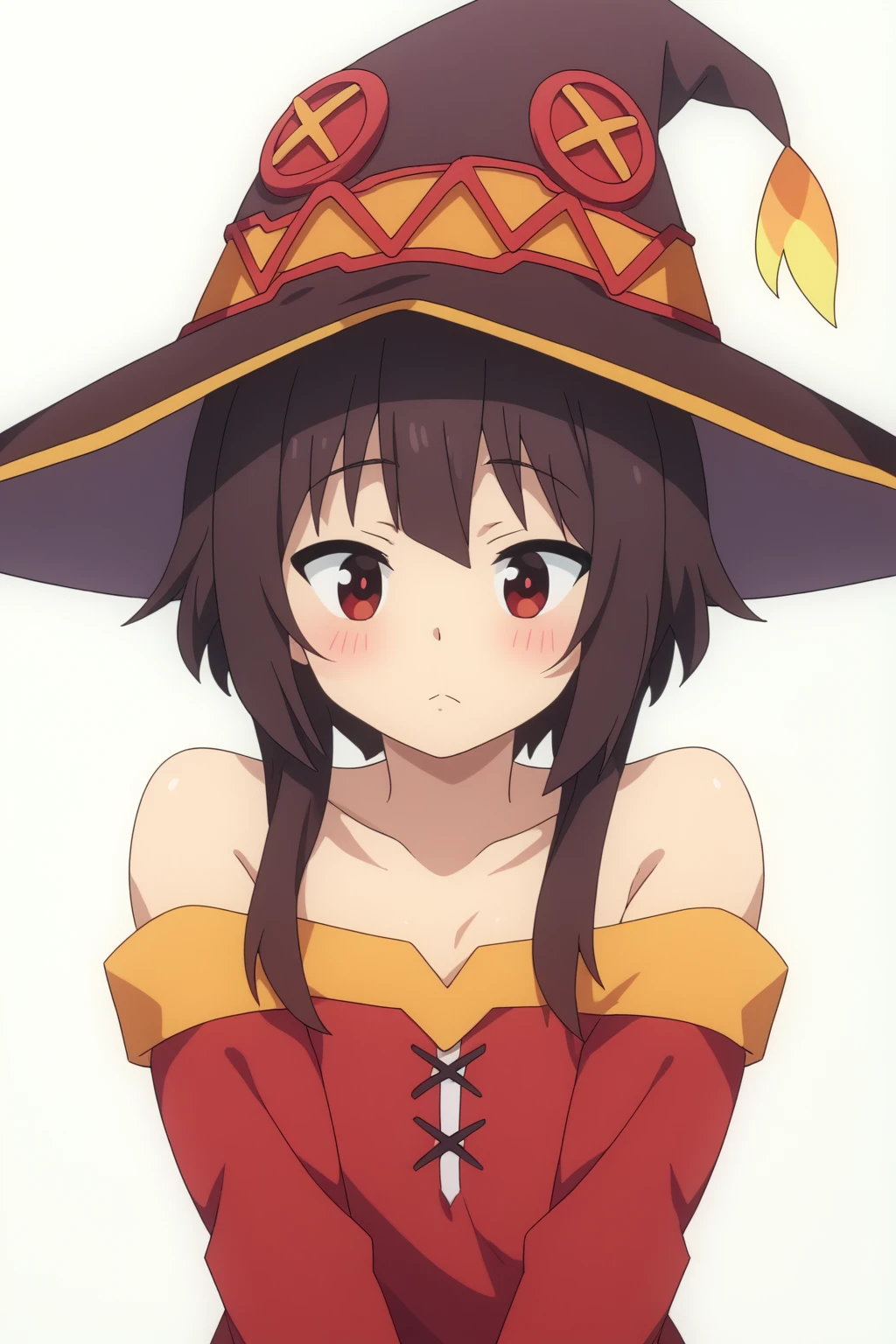 Anime girl in a witch hat with a red dress and a yellow top（megumin ...