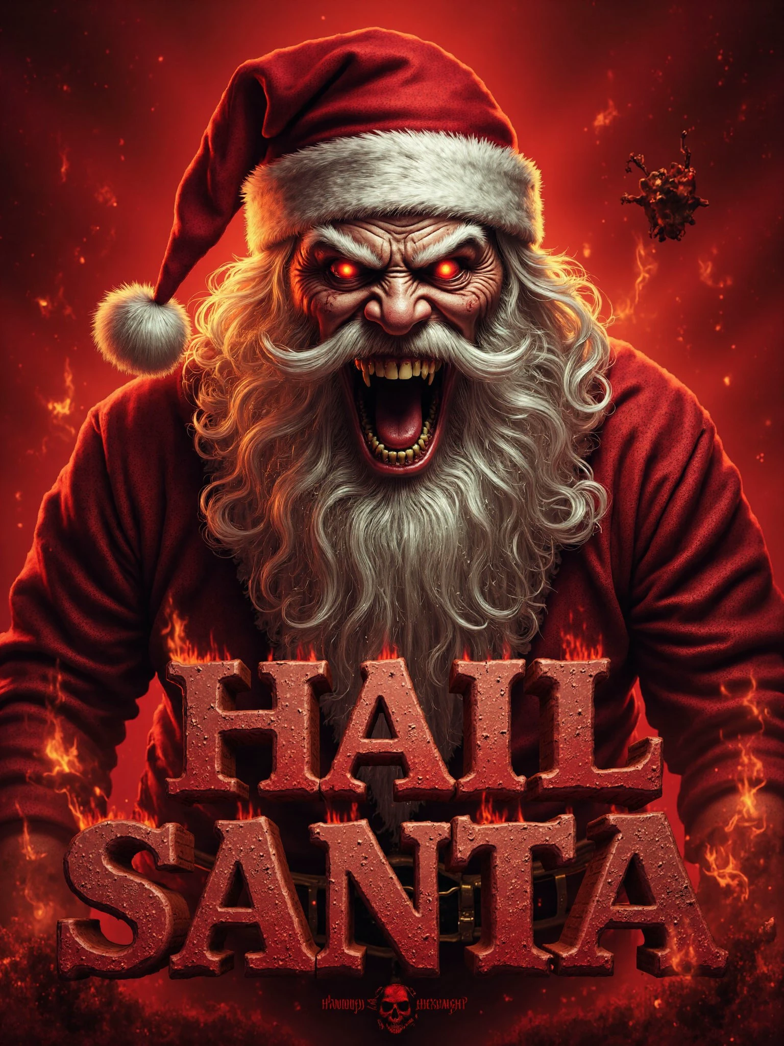 Evilsanta Santa claus standing in hell laughing manically, red fire and flames a - SeaArt AI