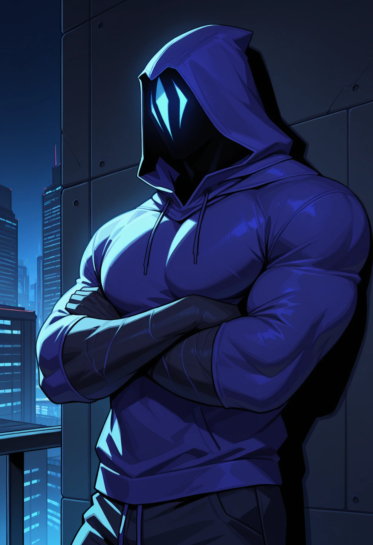 Solo, city, neon, night, omen, hood, leaning against wall, crossed arms ...