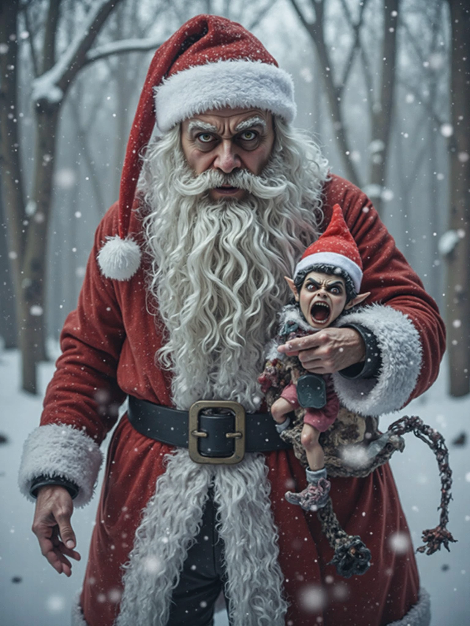 Evilsanta Santa claus standing outside in the snow, evil, holding a ...