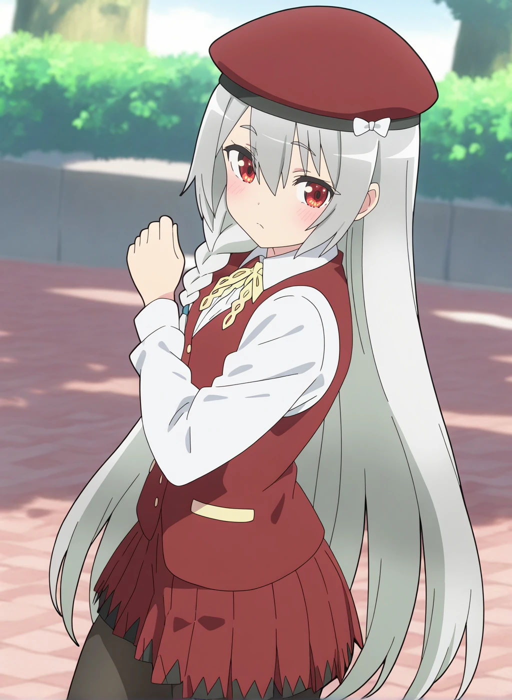 Anime girl with long white hair and a red beret - SeaArt AI