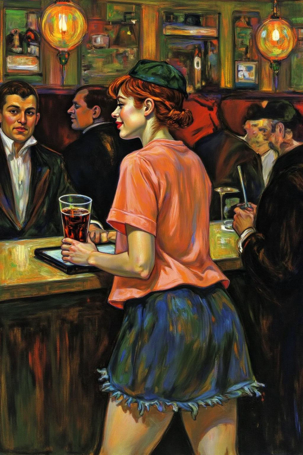 Painting of a woman in a short skirt holding a drink - SeaArt AI