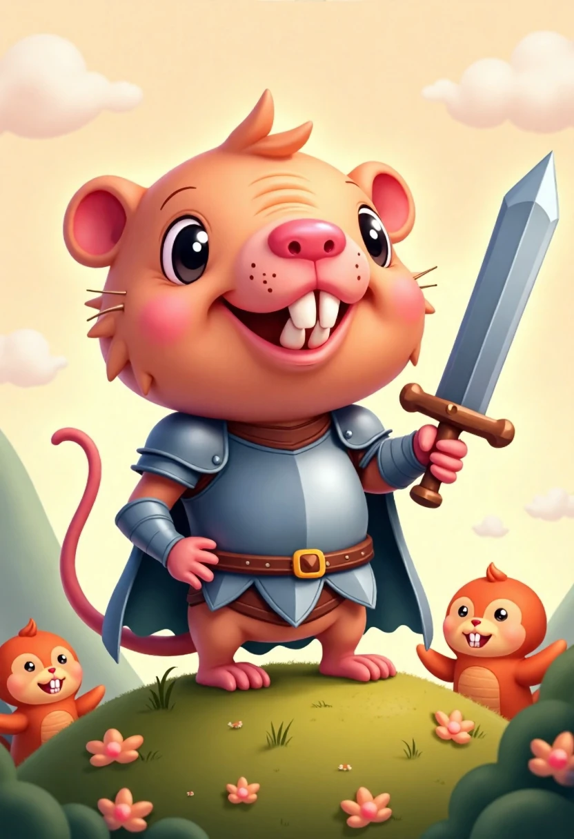 A cute chibi version of mole rat, wearing a tiny knight’s armor with ...