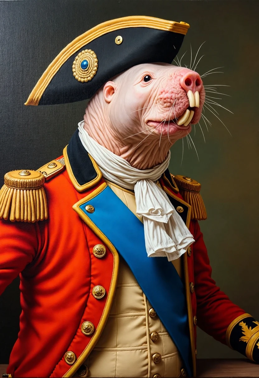 Oil painting, of a stunning mole rat, wearing a 1700s admirals uniform ...