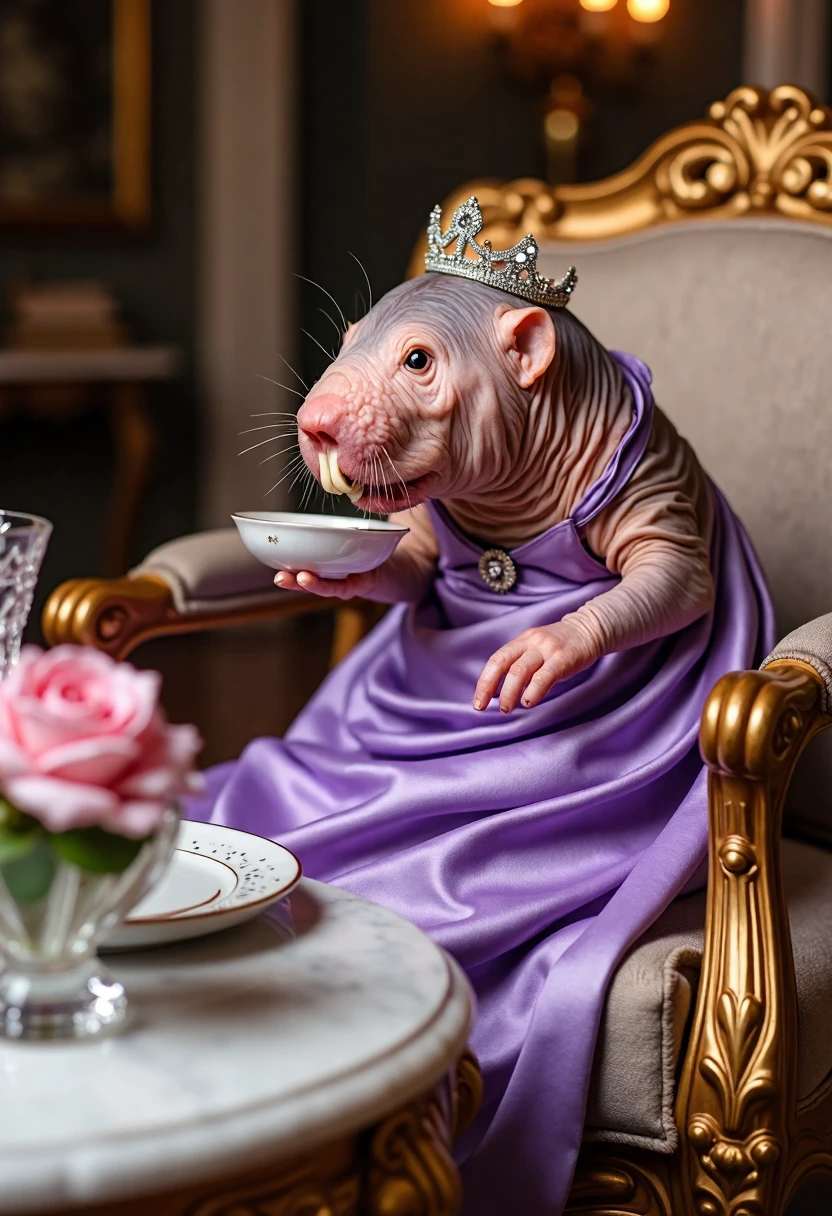 A regal mole rat wearing a satin purple gown and a delicate tiara ...