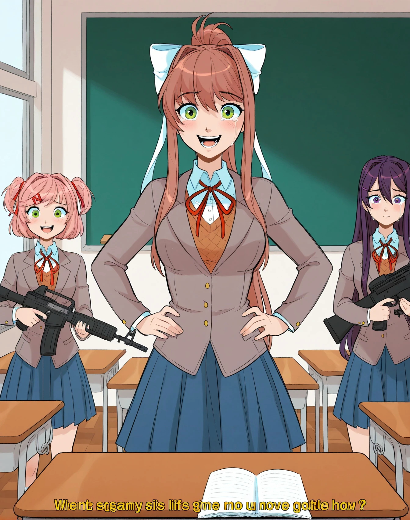 Anime girl with guns standing in front of a classroom with other girls ...