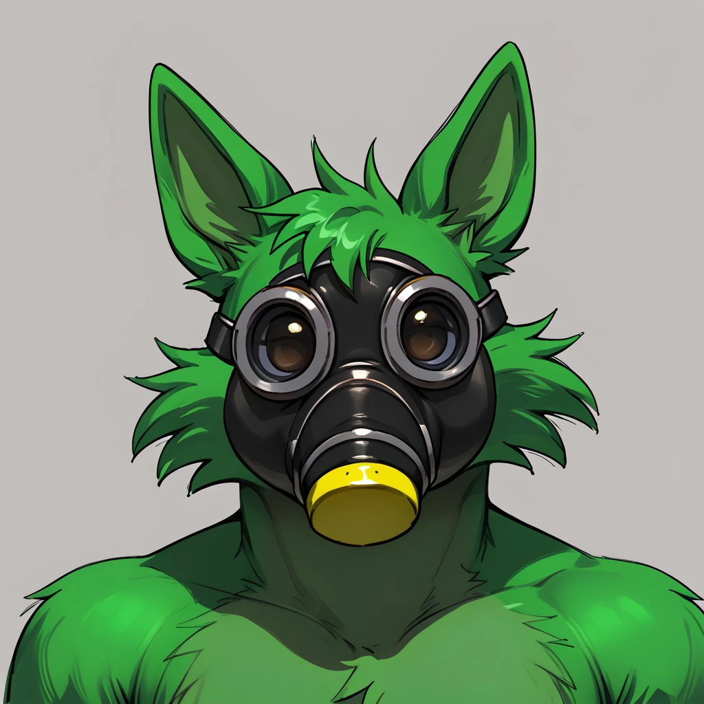 Poison foxy, fox, male, anthro, furry, green fur, black gas mask ...