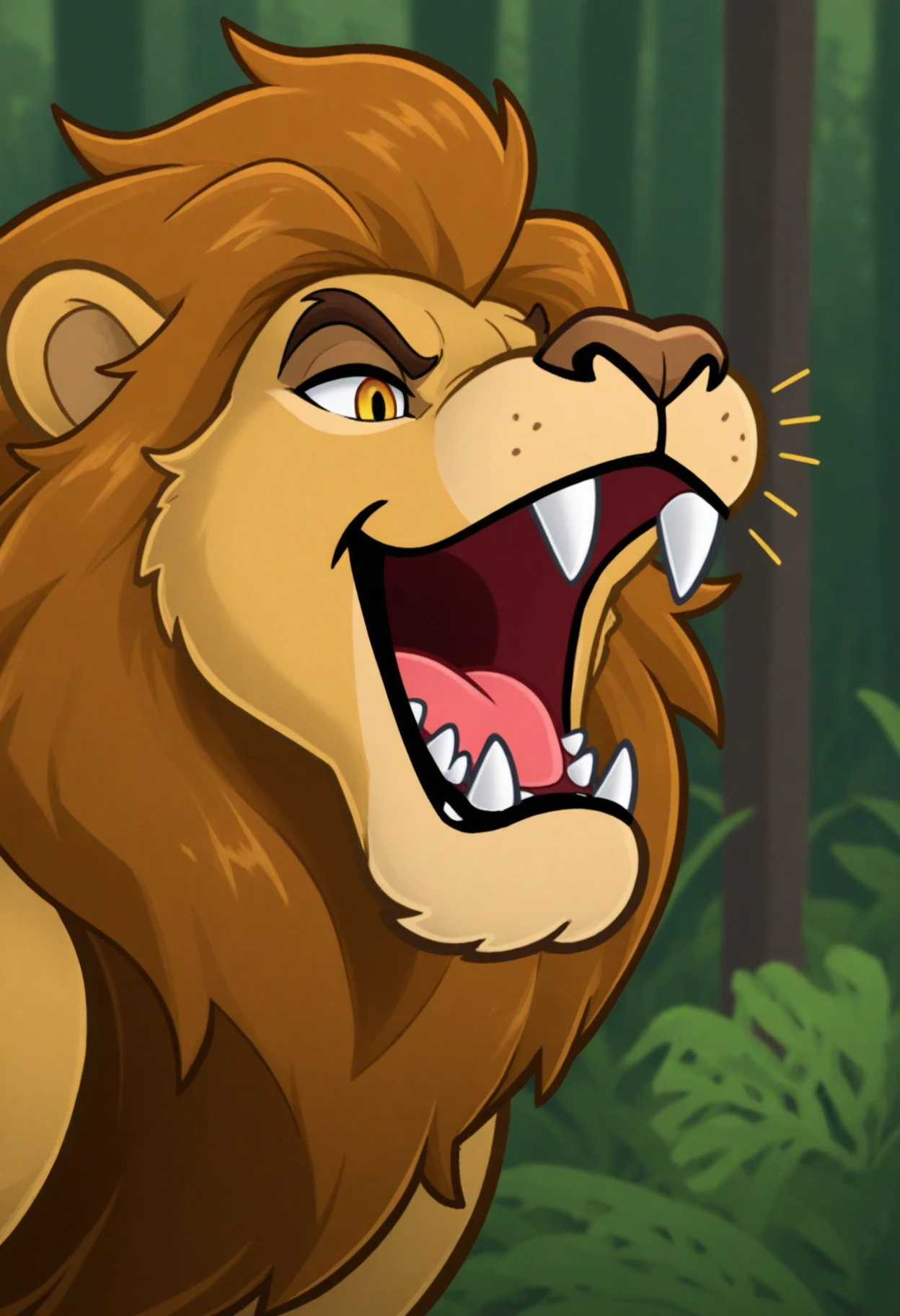 Papermariostyle, 1boy, solo, lion, smug, open mouth, fangs, zoo - SeaArt AI