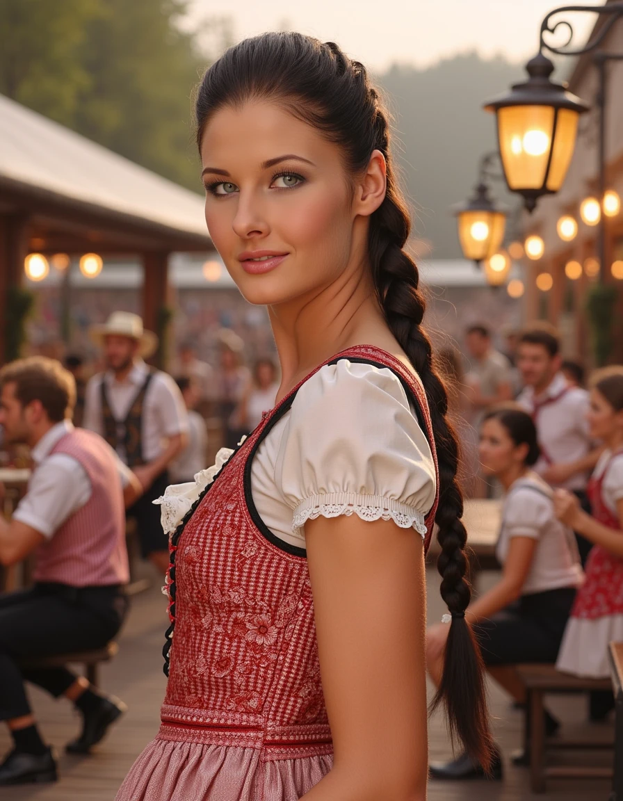 **Prompt:** A woman with striking Scandinavian features stands proudly ...