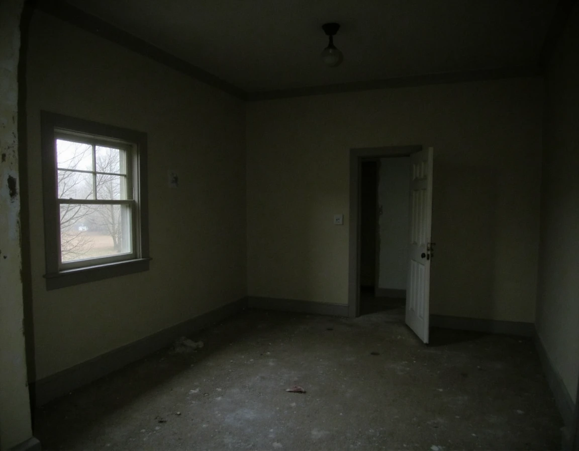 A grainy low quality photo inside a dark and decrepit farm house ...