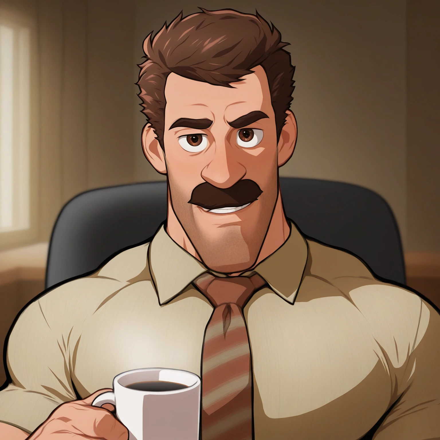 Cartoon of a man with a mustache and a tie holding a cup of coffee ...